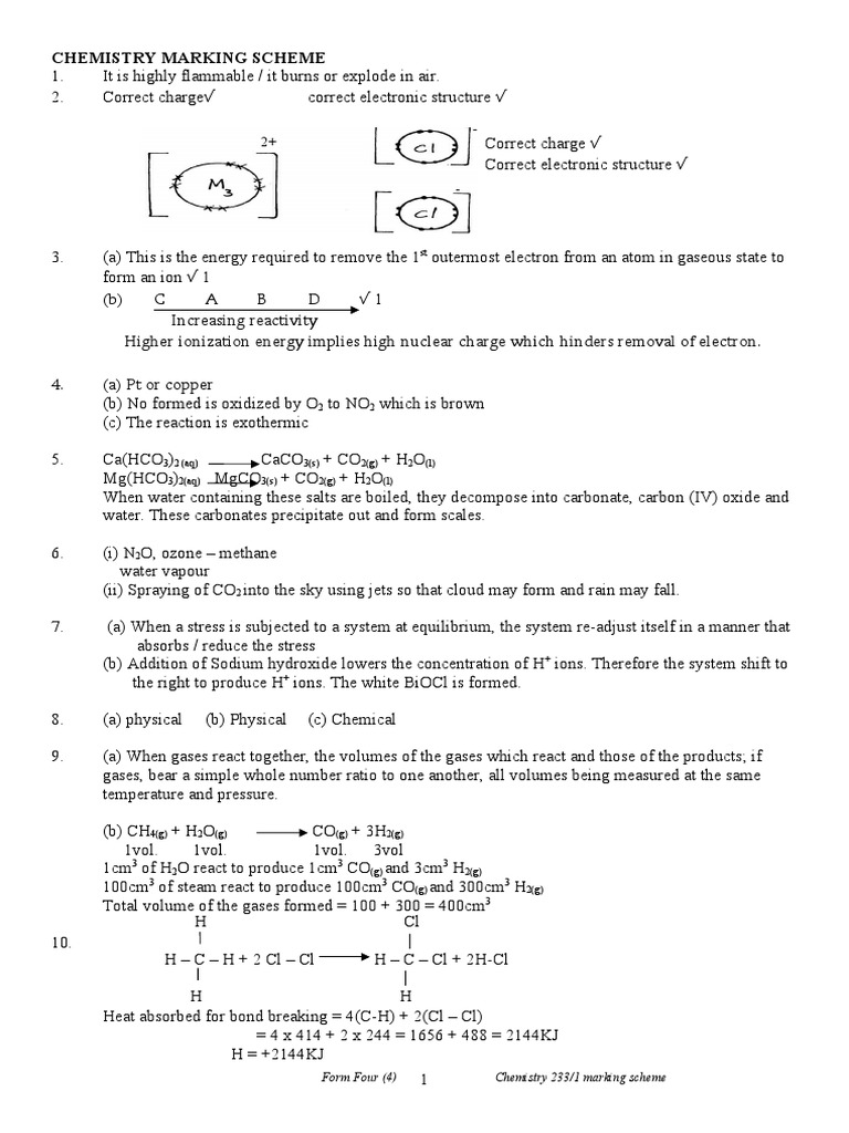 Form Four (4) Chemistry 233/1 Marking Scheme | Download Free PDF | Methane | Chemical Reactions