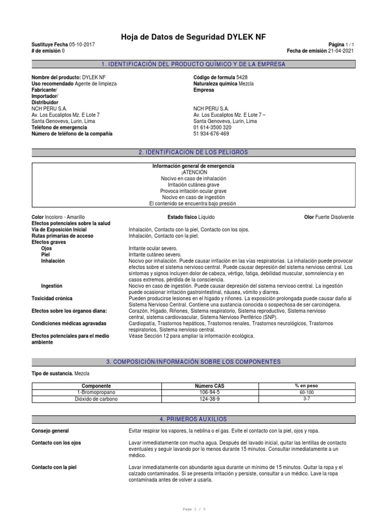 Hoja de Seguridad DYLEK NF | PDF
