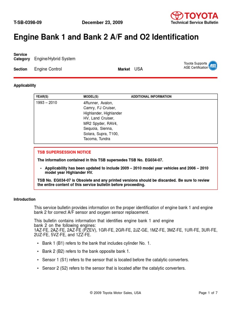 Engine Bank 1 and Bank 2A-F and O2 Identification T-SB-0398-09 | PDF