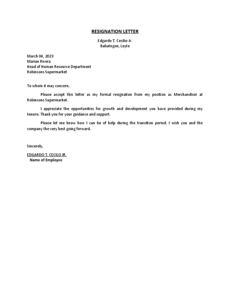 Resignation Letter: Merchandiser | PDF | Career & Growth | Business