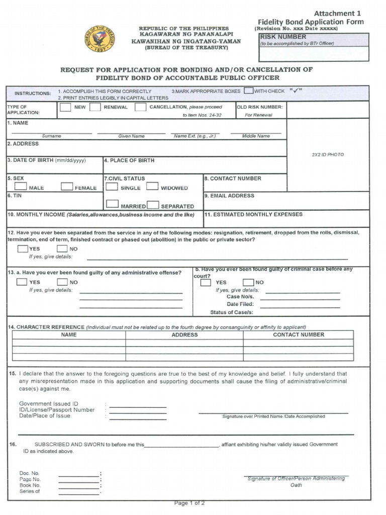 Fidelity Bond Application Form Attachment 1 | PDF