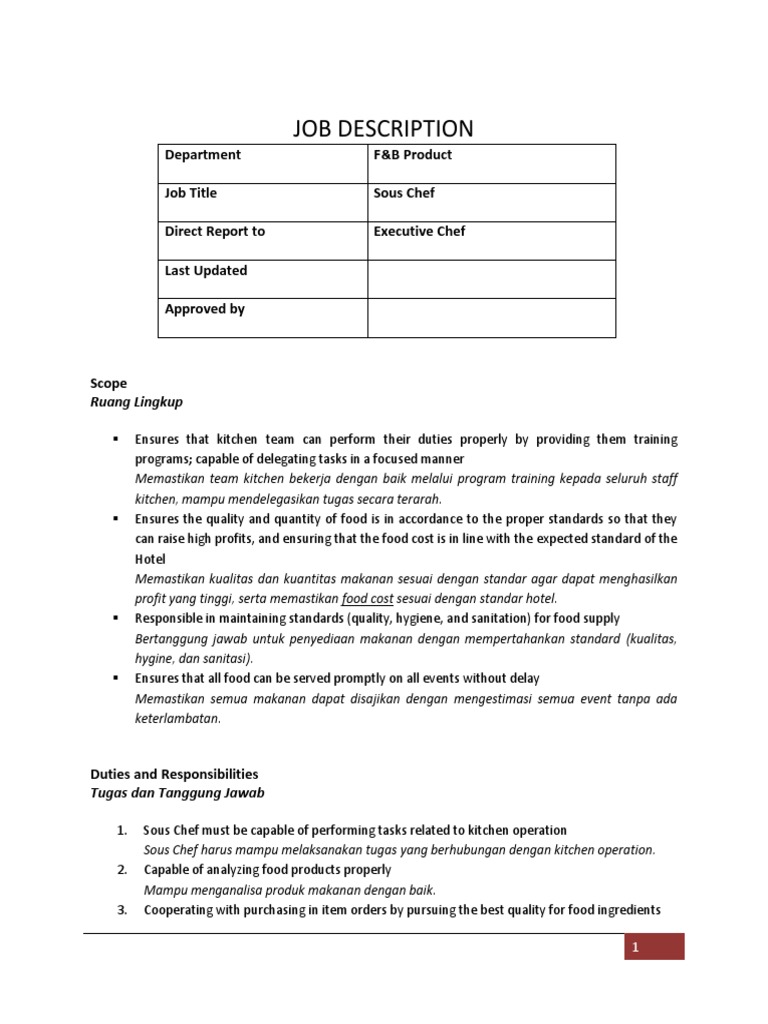 Tugas dan Tanggung Jawab Sous Chef | PDF