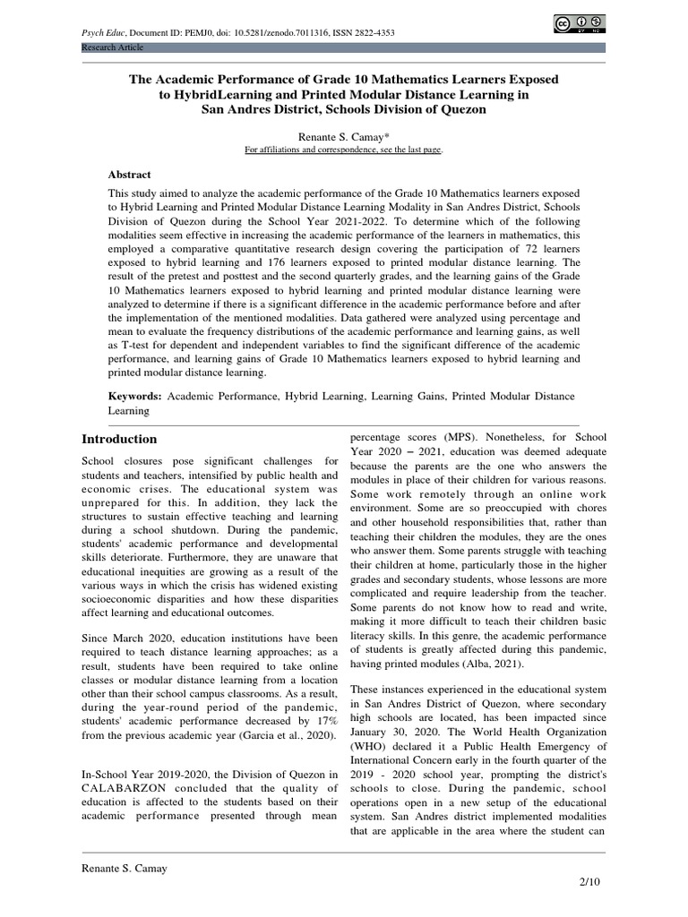 The Academic Performance of Grade 10 Mathematics Learners Exposed To ...