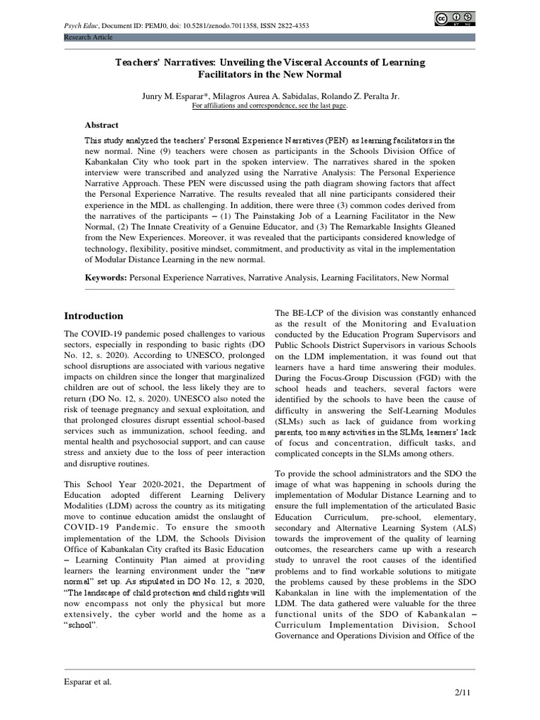 Teachers' Narratives: Unveiling The Visceral Accounts of Learning Facilitators in The New Normal ...