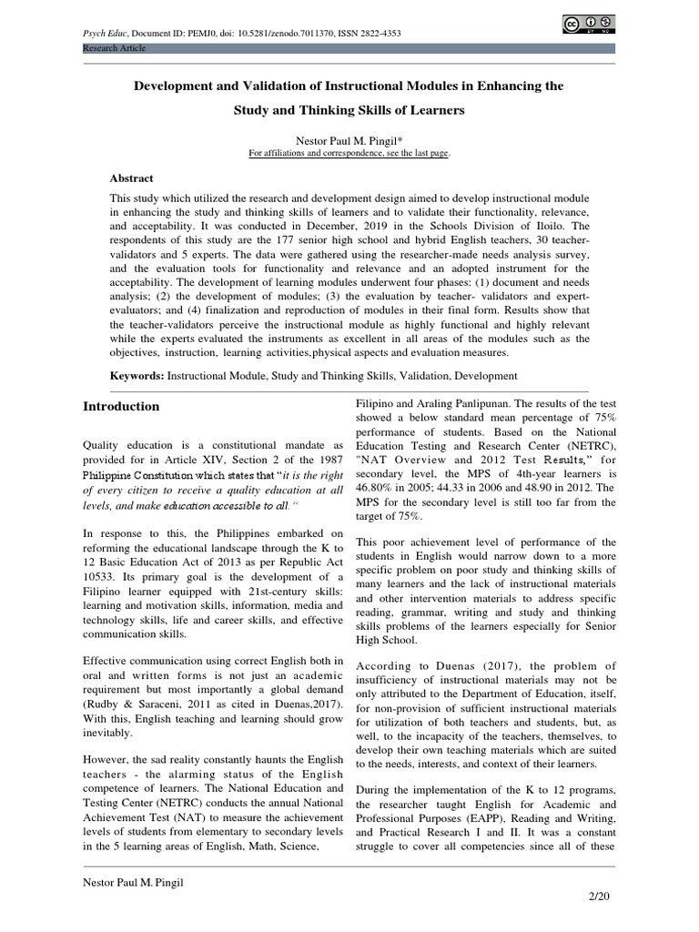 Development and Validation of Instructional Modules in Enhancing the Study and Thinking Skills ...