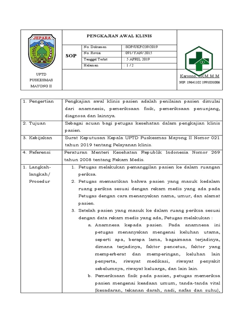Sop Pengkajian Awal Klinis | PDF | Sains & Matematika