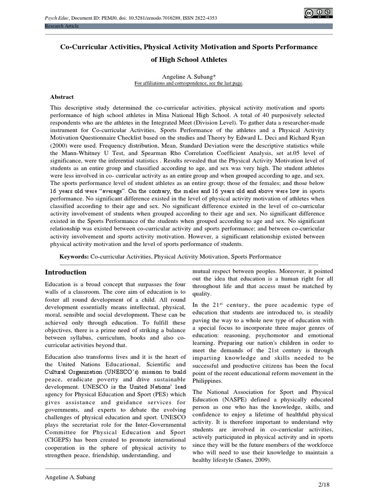 Co-Curricular Activities and Sports Performance | PDF | Motivation ...