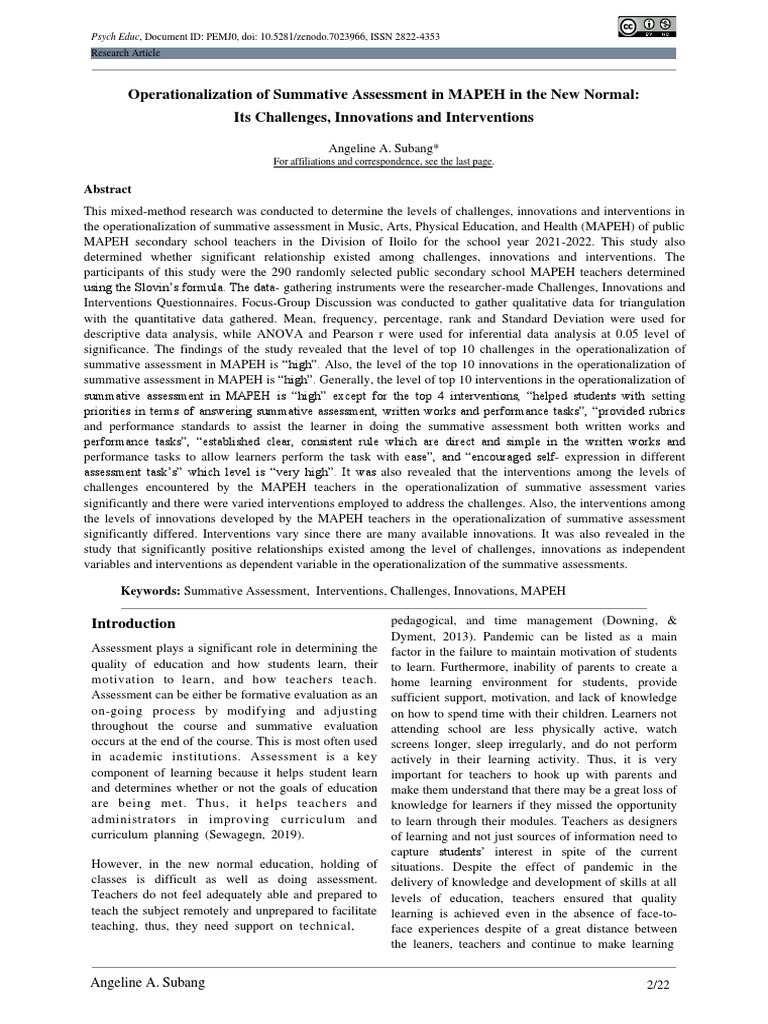 Operationalization of Summative Assessment in MAPEH in The New Normal: Its Challenges ...