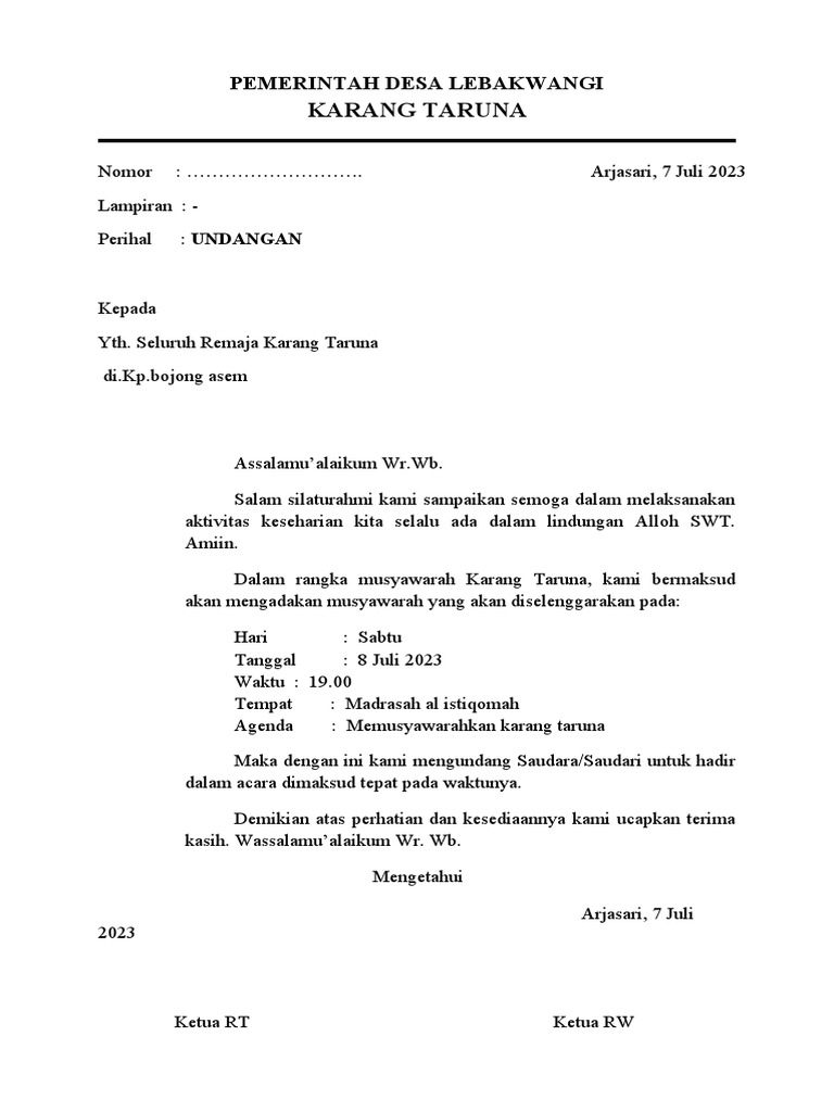 Surat Undangan Rapat Karang Taruna | PDF