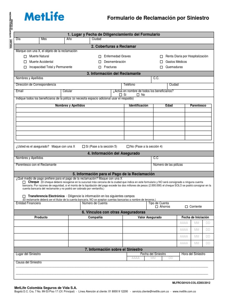 Formulario de Reclamación Siniestro Metlife 07112019 085159 06062023 103942 | PDF