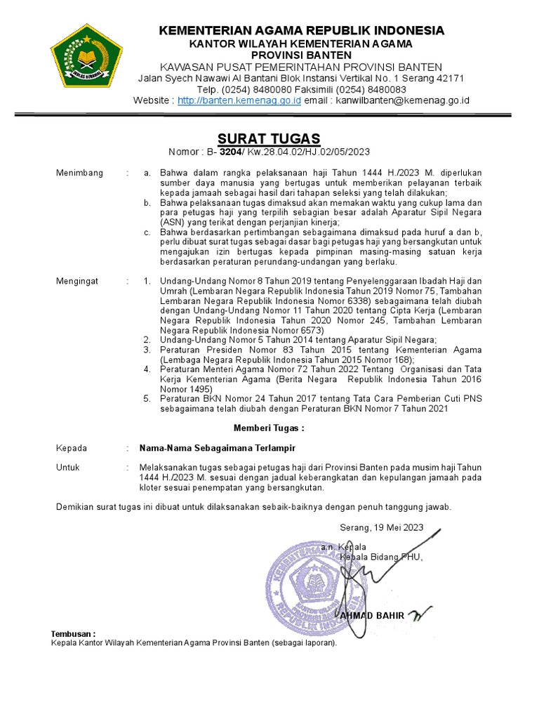 FIX FINAL LENGKAP SURAT TUGAS Petugas Haji Dalam Kloter Banten 2023 | PDF