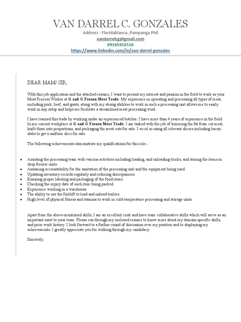 Cover Letter Meat Processing | PDF