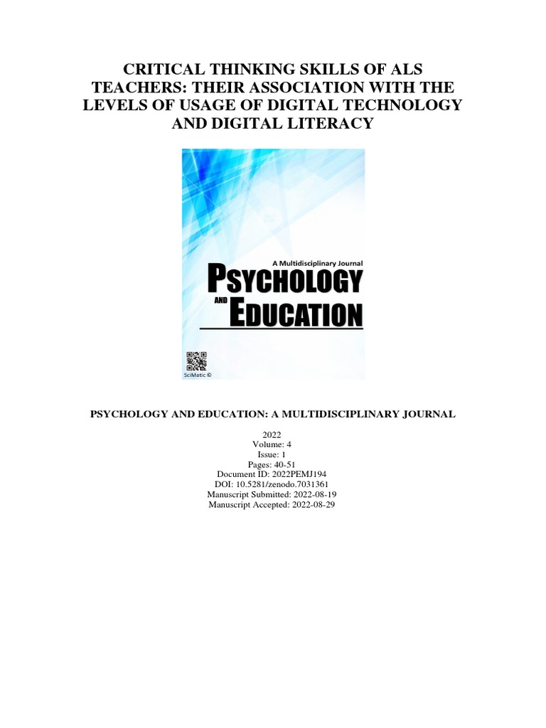 Critical Thinking Skills of ALS Teachers: Their Association With The ...