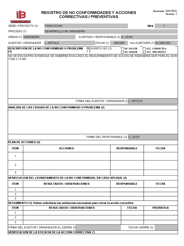 NCRs de Auditoria AI-2005-002 | PDF