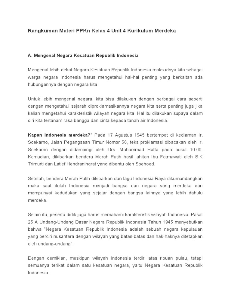Rangkuman Materi PPKN Kelas 4 Unit 4 Kurikulum Merdeka | PDF