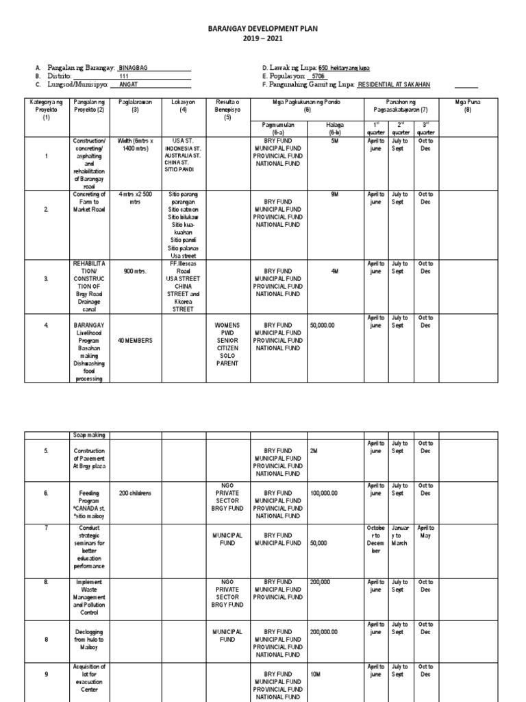 Brgy Devt Plan Form 2019 2021.revised | PDF