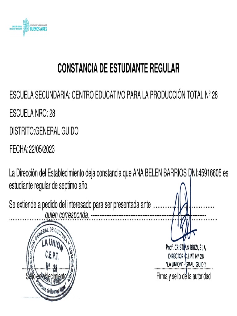 Constancia de Estudiante Regular 7° Año | PDF | Finanzas y dinero | Derecho