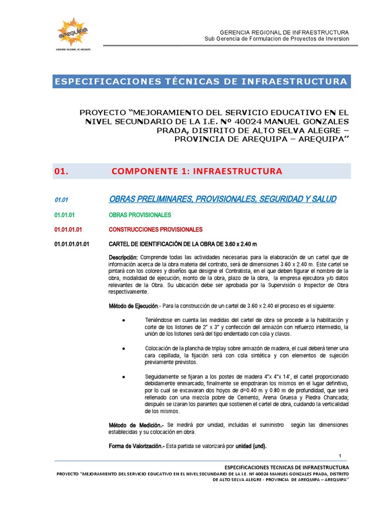 001 Especificaciones Técnicas Infraestructura | PDF | Infraestructura | Presupuesto