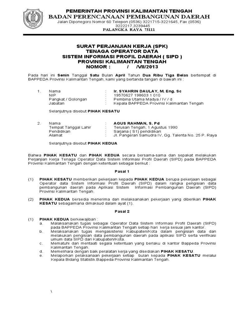 KONTRAK KERJA UNTUK OPERATOR DINAS 2013 kop Bappeda | PDF