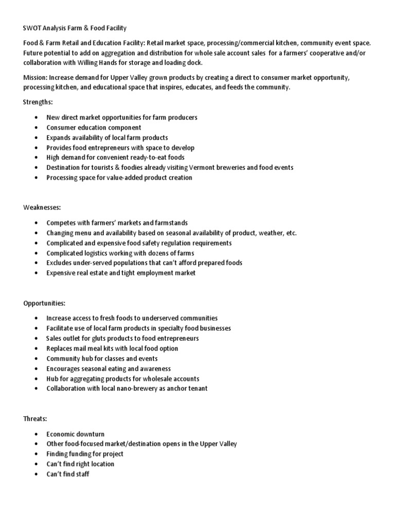Food Facility Farm SWOT Analysis | PDF | Business | Social Science