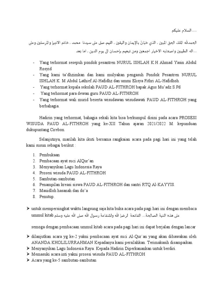 Teks MC Wisuda PAUD AL-FITHROH | PDF | Agama & Spiritualitas