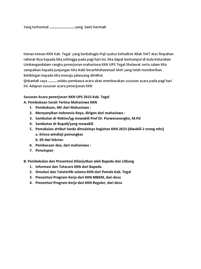 Susunan Acara Penerjunan KKN UPS 2023 | PDF