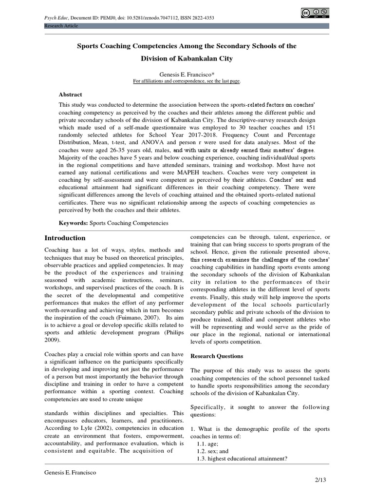 Sports Coaching Competencies Among The Secondary Schools of The ...