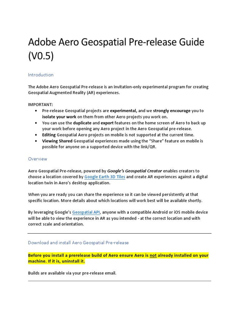 Adobe Aero Geospatial Pre-releaseGuide (V0.5) | PDF