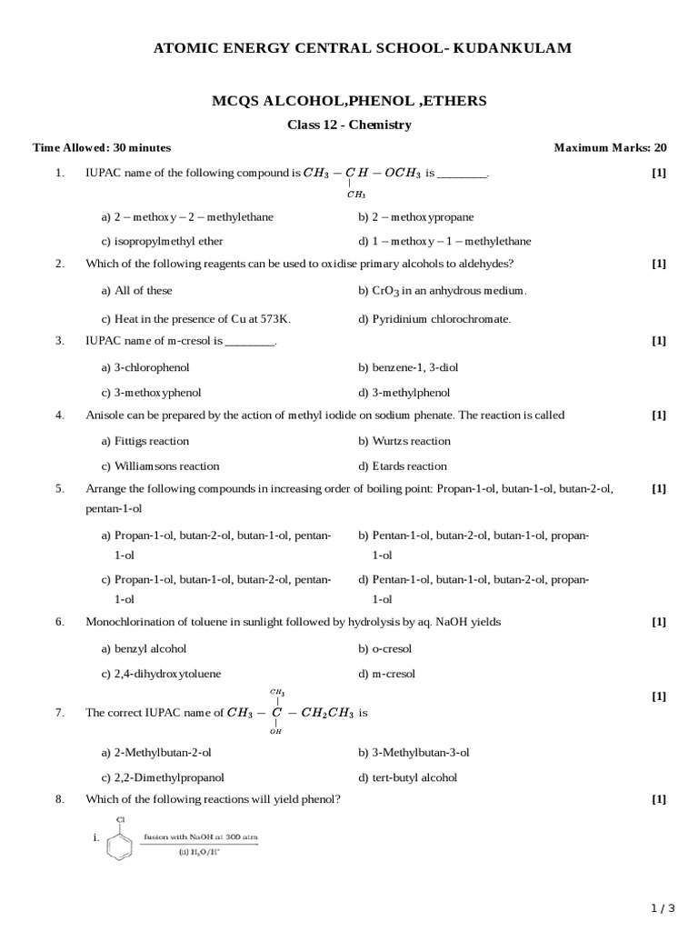 Class 12 Chemistry MCQs: Alcohols, Phenols, Ethers | PDF | Science ...