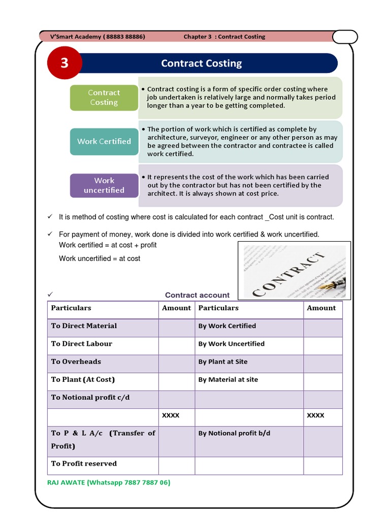 Contract Costing 1 Day Revision Notes Pdf Cost Expense