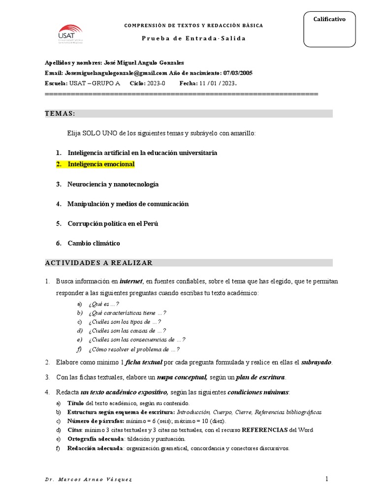 2023-0. ADM-A. PRUEBA ENTRADA DAW - Jose Angulo | PDF | Las emociones | Inteligencia