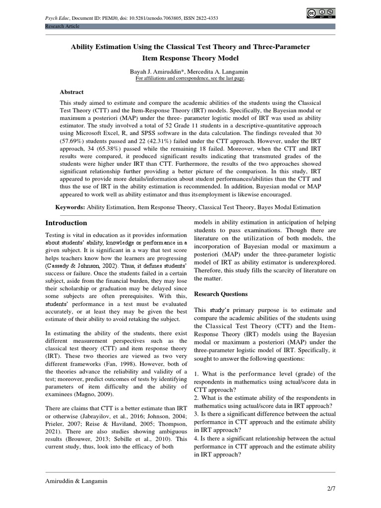 Ability Estimation Using the Classical Test Theory and Three-Parameter ...