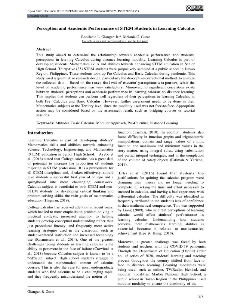 Perception and Academic Performance of STEM Students in Learning Calculus | PDF | Function ...