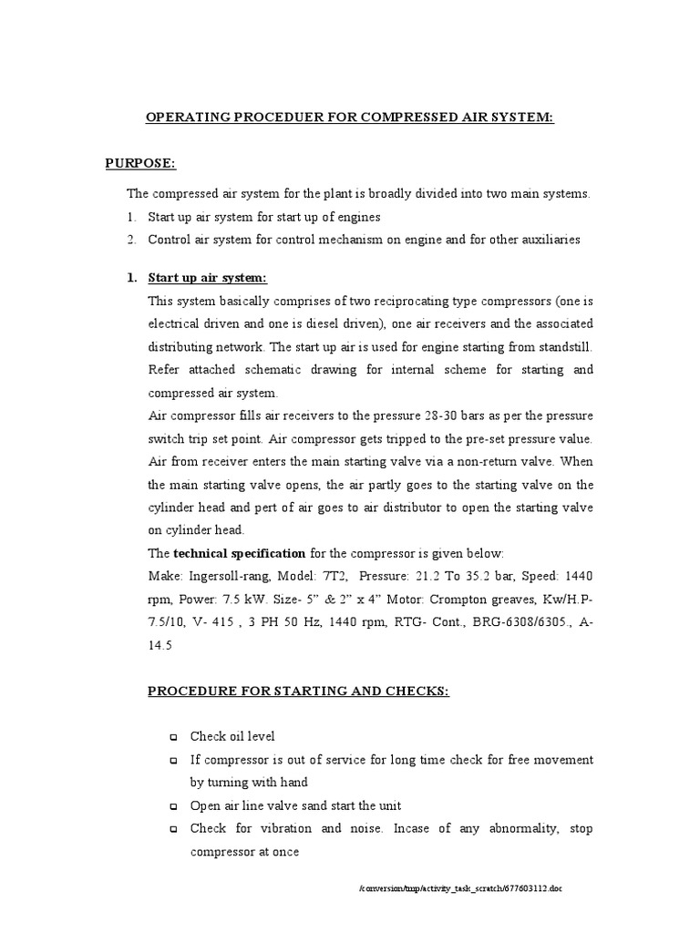 Operating Procedure For Compressed Air System | PDF