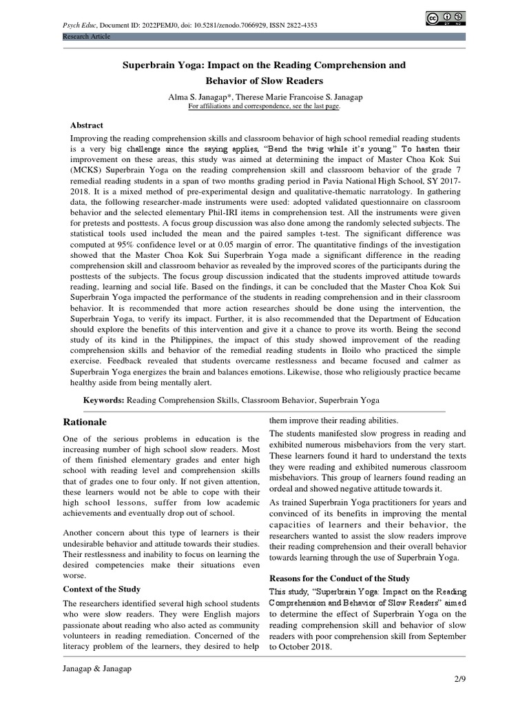 Superbrain Yoga's Effect on Slow Readers | PDF | Reading Comprehension ...