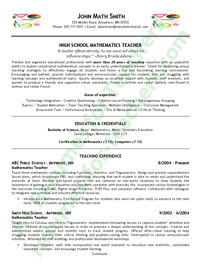 Sample-Math-Teacher-Resume | PDF | Teachers | Mathematics