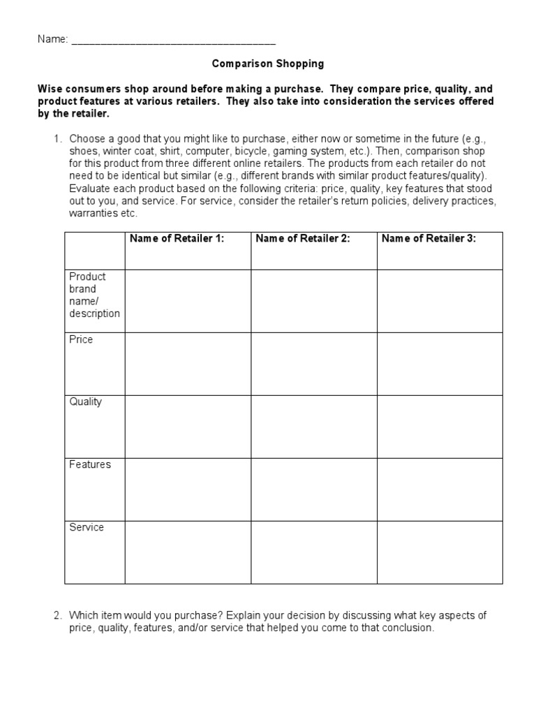 2.5 Comparison Shopping Worksheet 2 | PDF