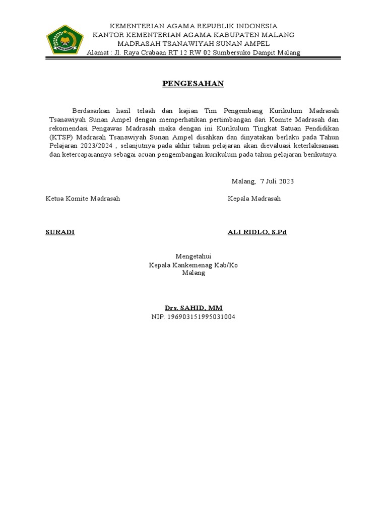 Lembar Pengesahan KTSP | PDF