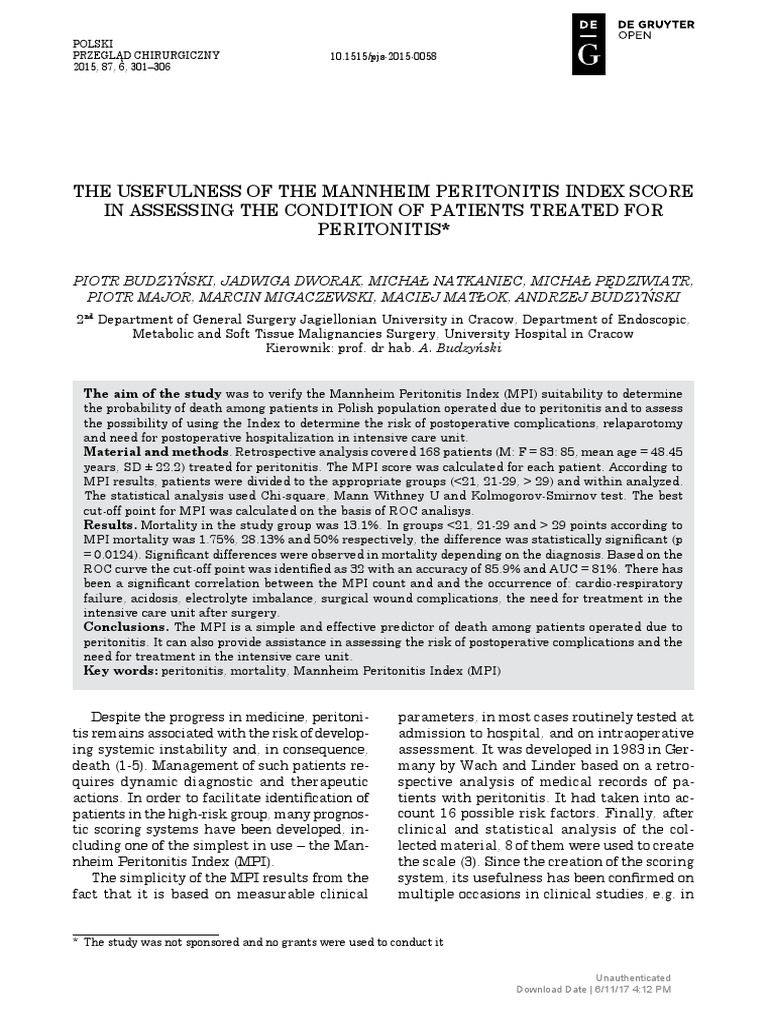 (Polish Journal of Surgery) The Usefulness of The Mannheim Peritonitis ... (Polish Journal of Surgery) The Usefulness of The Mannheim Peritonitis ...