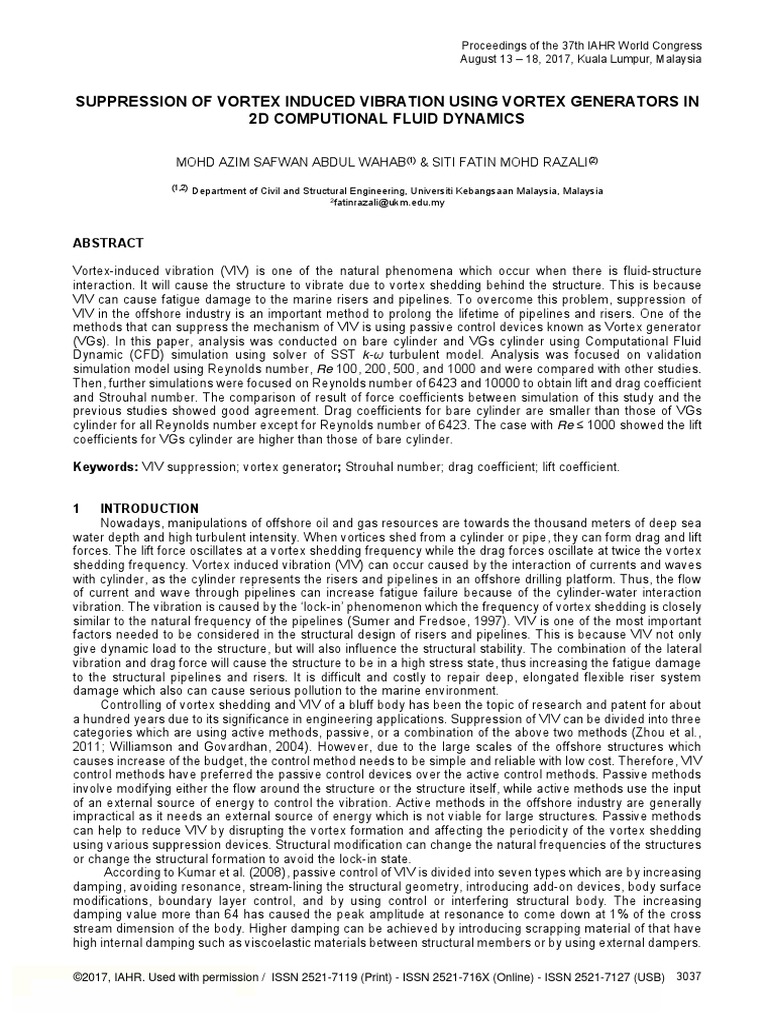 Suppression of Vortex Induced Vibration Using Vortex Generators in 2D Computional Fluid Dynamics ...