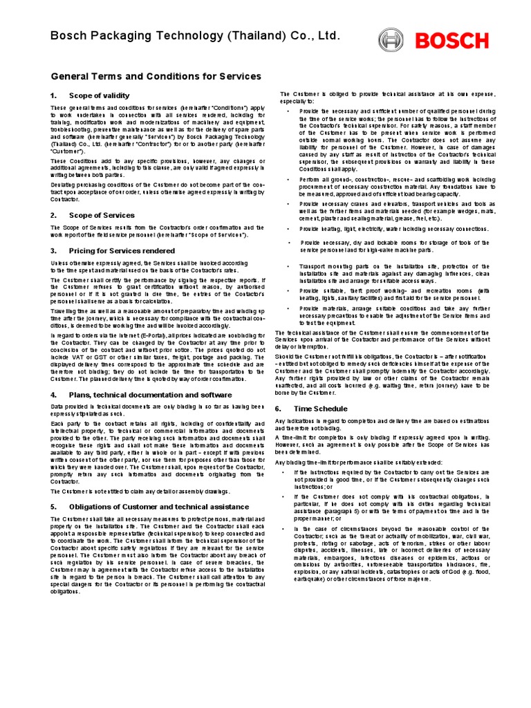 Bosch Packaging Technology (Thailand) Co., LTD.: General Terms and Conditions For Services | PDF