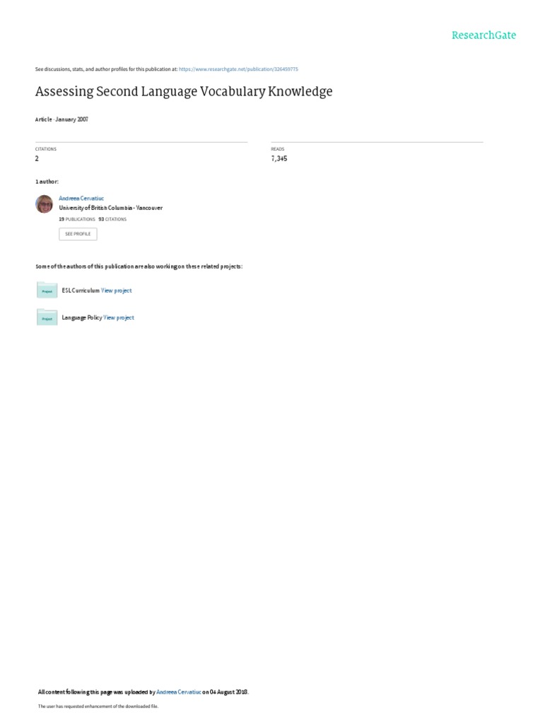 Assessing Second Language Vocabulary Knowledge | PDF | Vocabulary | English As A Second Or ...