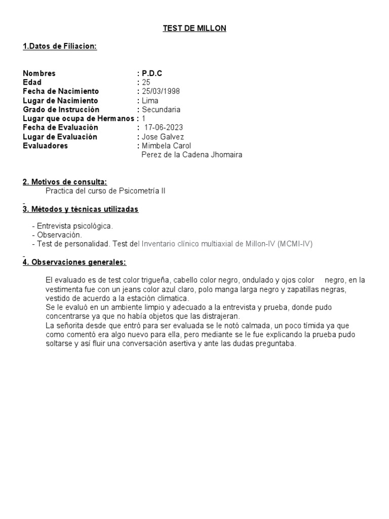 Test de Millon | PDF | Trastorno depresivo mayor | Ansiedad
