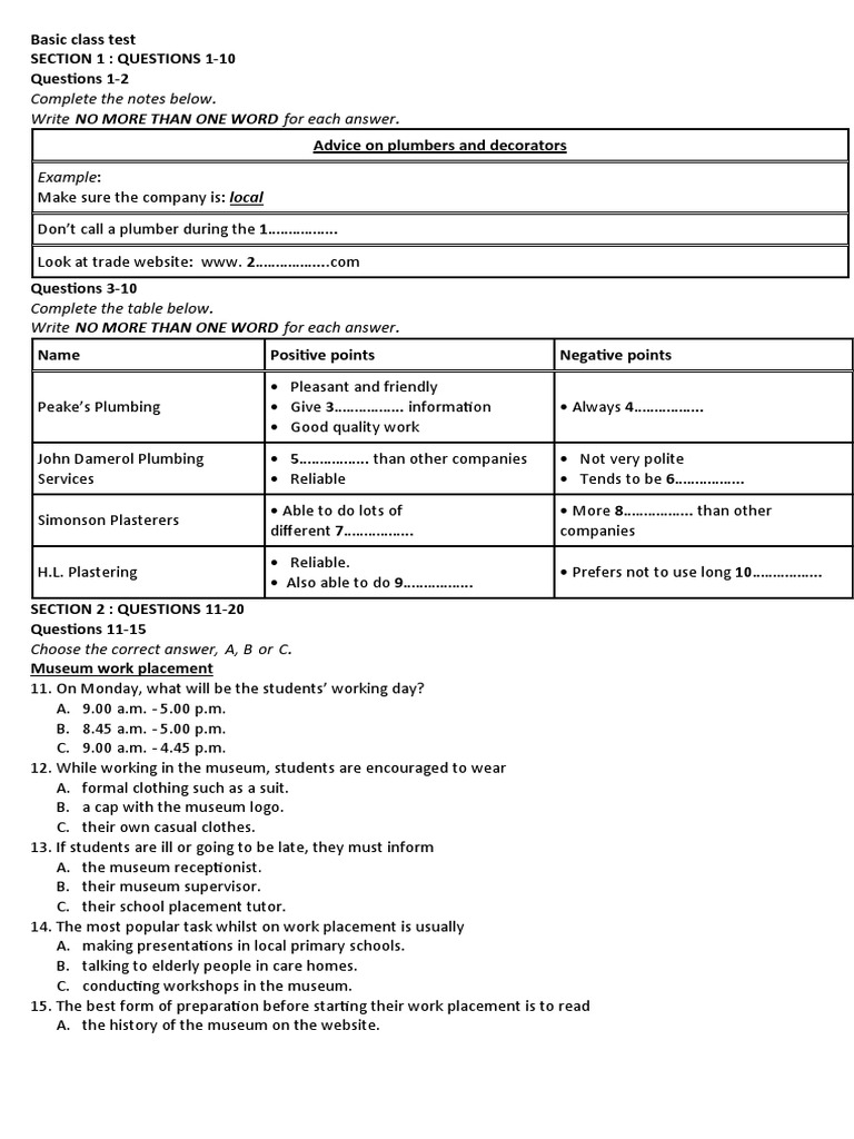 Mock Test For Basic Class PDF