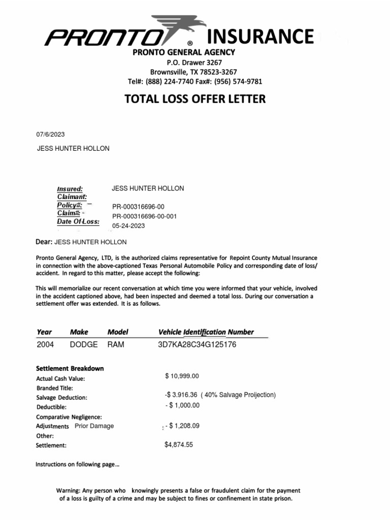 Total Loss Settlement Offer Letter | PDF
