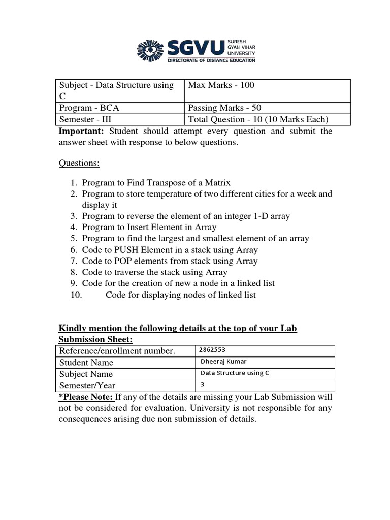 BCA Data Structures C Exam Guide | PDF | Teaching Methods & Materials
