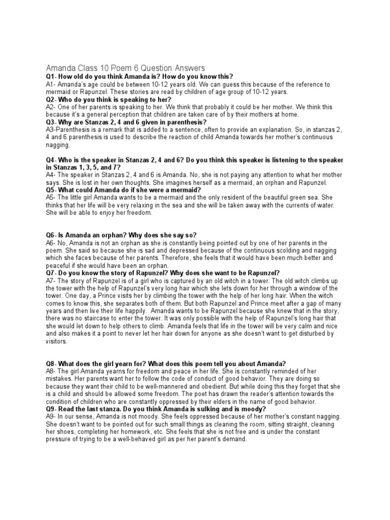 Amanda Class 10 Poem 6 Question Answers PDF Rapunzel