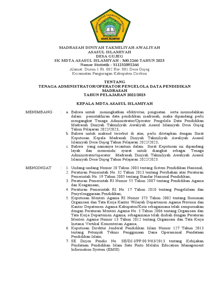 Contoh SK Operator TPQ | PDF