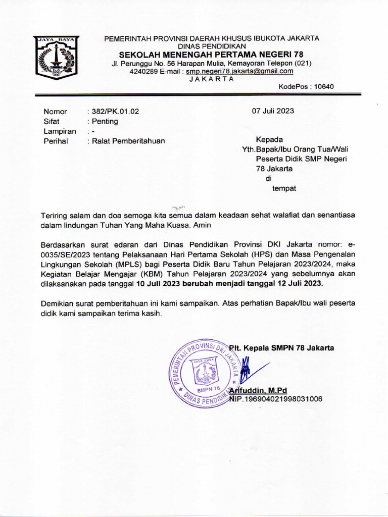 Surat Ralat Pemberitahuan Hari Masuk Pertama Sekolah | PDF