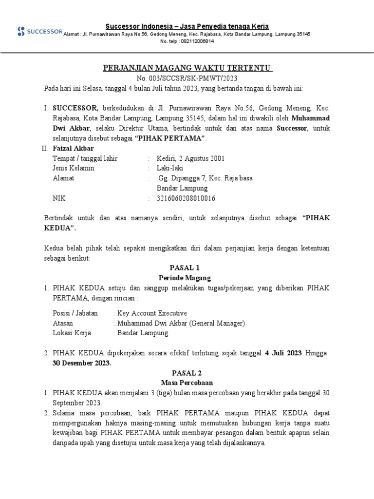 Perjanjian Kerja Magang | PDF | Karier & Perkembangan | Pengelolaan ...
